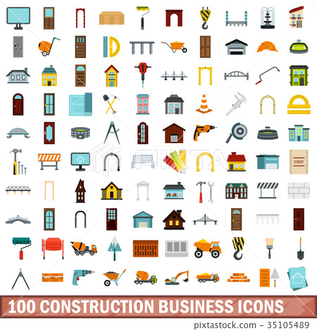 100 construction business icons set, flat style-插圖素材 [35105489] - PIXTA圖庫