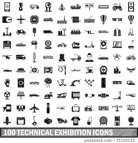 100 technical exhibition icons set, simple style - Stock Illustration ...