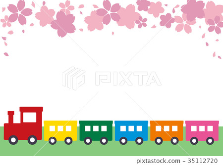 Spring frame with colorful train and cherry... - Stock Illustration ...