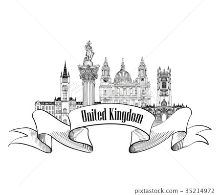 UK label. Famous landmark set. Travel England sign - Stock Illustration ...