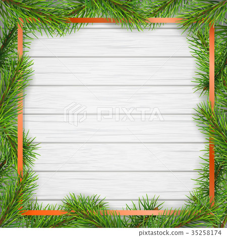 Pine tree branches square frame on white wooden... - Stock Illustration ...