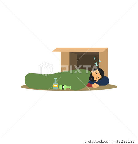 Homeless man character sleeping on the street in - Stock Illustration ...