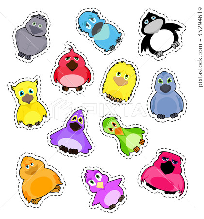 Set of stickers cute colorful cartoon birds - Stock Illustration ...