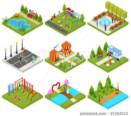 City Public Park or Square Objects Set Icons 3d-插圖素材 [35363523] - PIXTA圖庫