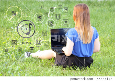girl with a computer. symbols and signs. icon - Stock Illustration ...