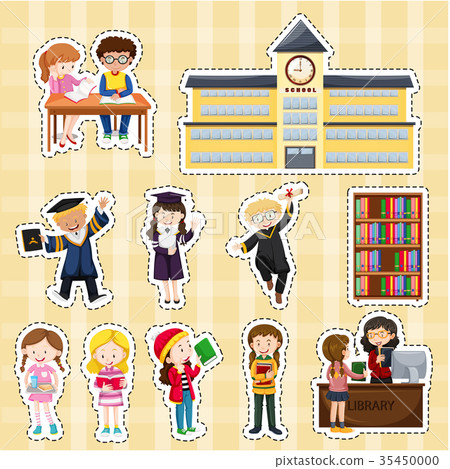Sticker design with students and school building - Stock Illustration ...