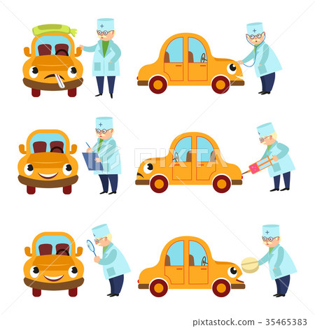 Funny doctor helping, curing comic car character - Stock Illustration ...