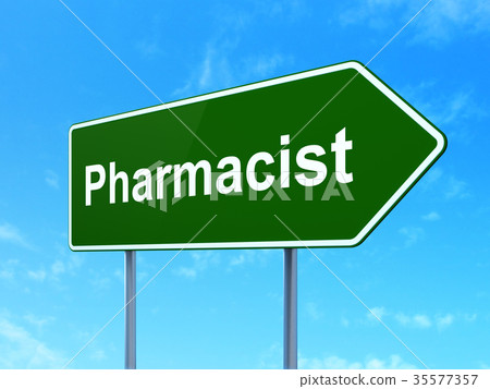 Medicine concept: Pharmacist on road sign - Stock Illustration ...