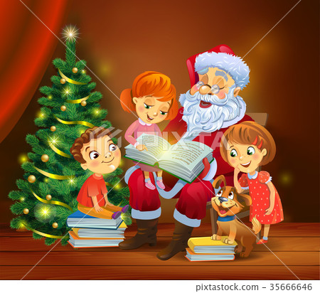 Santa Claus reading the book to children - Stock Illustration [35666646 ...