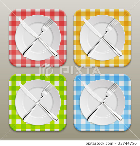 Dinner place setting icon set. Realistic white - Stock Illustration ...