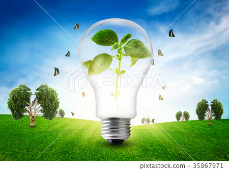 Environmental on grassland with tree eco buld. - Stock Illustration ...