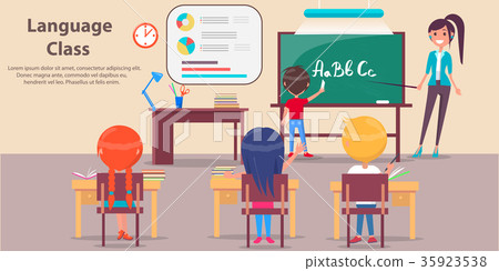 Language Class at Elementary School Vector Poster - Stock Illustration ...