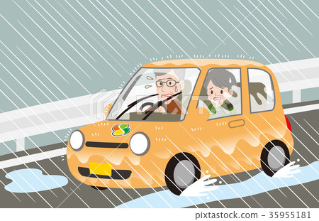 Elderly couple drive heavy rain danger orange - Stock Illustration ...
