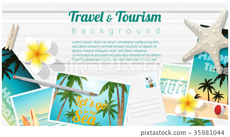 Travel and tourism background with beach postcards - Stock Illustration ...