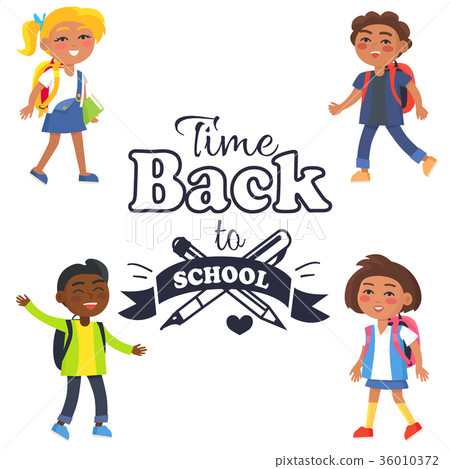 Back to School Time Sticker Surrounded by Pupils - Stock Illustration ...