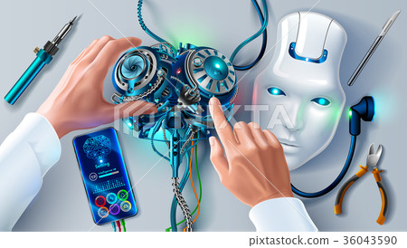 Man repairing robot. Scientist engineer designs - Stock Illustration ...