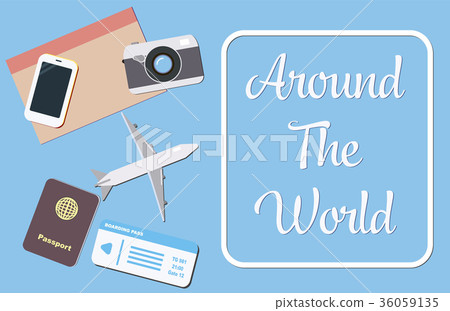 Around the world Banner with travel object on blue - Stock Illustration ...