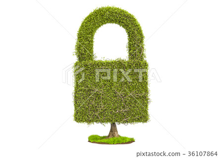 Green tree shaped as padlock, 3D rendering - Stock Illustration ...