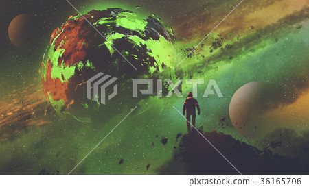 astronaut looking at the acid planet - Stock Illustration [36165706 ...