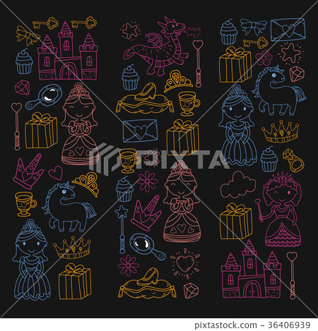 Set of doodle princess and fantasy icon and and - Stock Illustration ...