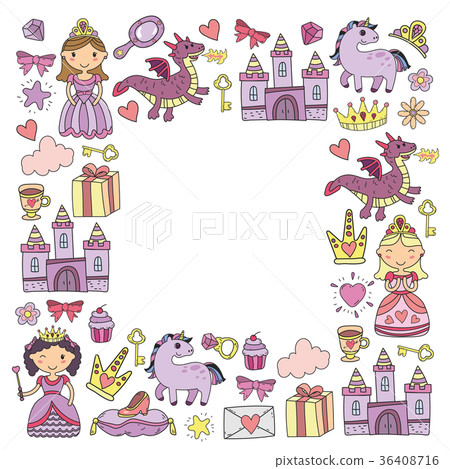 Set of doodle princess and fantasy icon and and - Stock Illustration ...