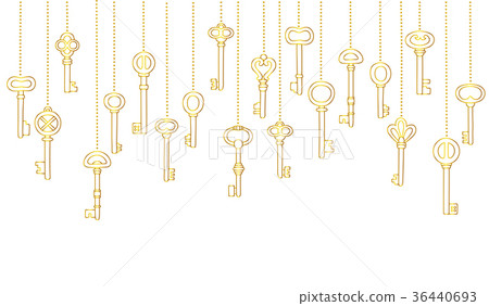 Keys icons set, seamless pattern. Gold keys signs - Stock Illustration ...