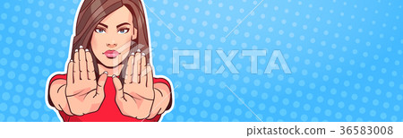 Woman Showing Stop Sign With Raised Hand Over Pop - Stock Illustration ...