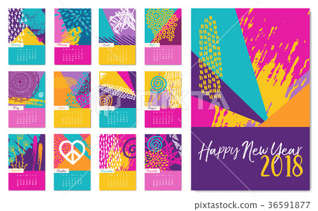 New Year 2018 fun hand drawn color calendar - Stock Illustration ...