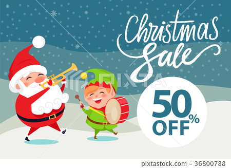 Christmas sale 50 off promo poster Santa and Elf - Stock Illustration ...