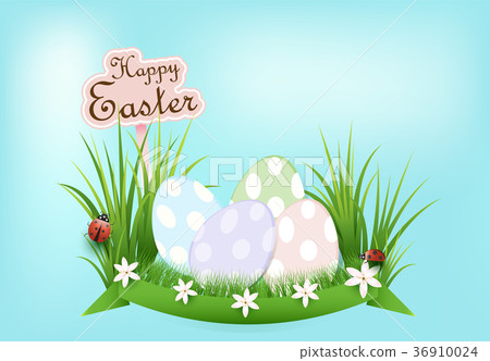 Pile of eggs and ladybug Easter day background - Stock Illustration ...