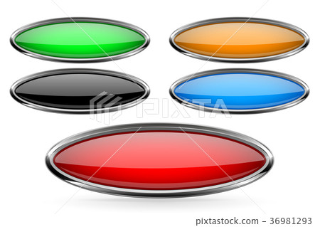 Oval buttons set with chrome frame. 3d shiny icons - Stock Illustration ...