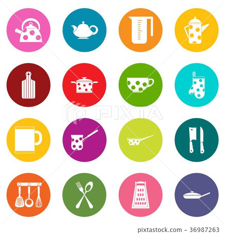 Kitchen tools and utensils icons many colors set - Stock Illustration ...