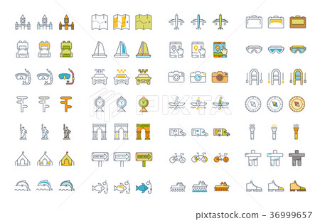 Set Vector Flat Line Icons Travel and Adventure - Stock Illustration ...