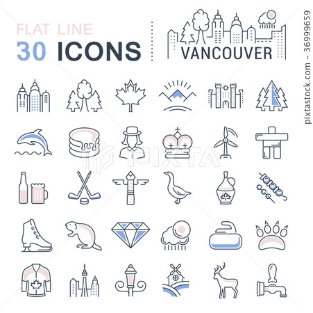 Set Vector Flat Line Icons Vancouver and Canada - Stock Illustration ...