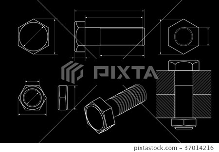 Metal bolt technical drawing on black background - Stock Illustration ...