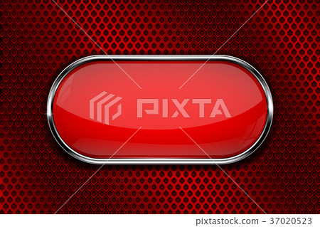 Red oval button with metal frame on red perforated - Stock Illustration ...