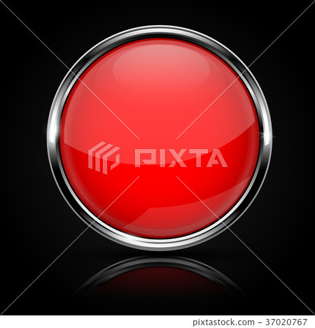 Red round glass button with chrome frame. On black - Stock Illustration ...