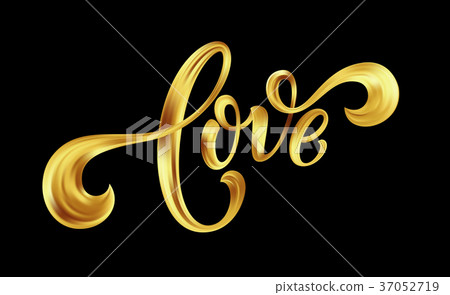 Love gold lettering text on background, hand - Stock Illustration ...