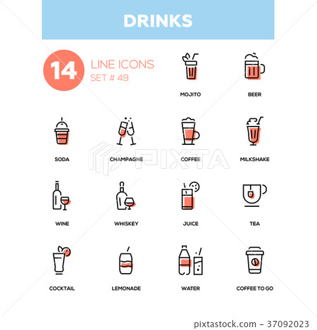 Food theme, alcohol and soft drinks - line design - Stock Illustration ...