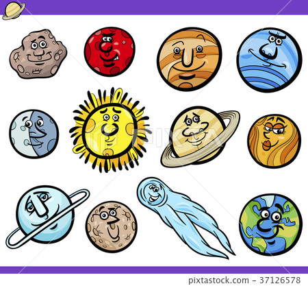 Planets and Orbs Cartoon Characters Set - Stock Illustration [37126578 ...
