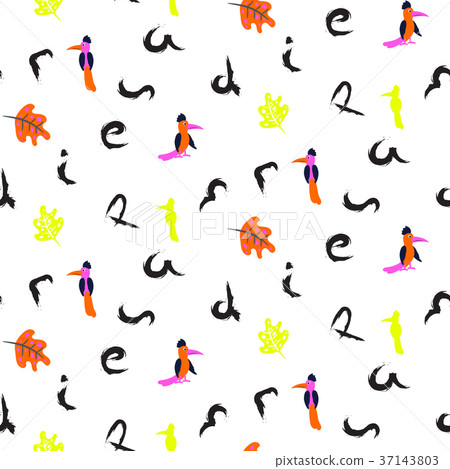 Brushed letters and exotic birds seamless vector - Stock Illustration ...