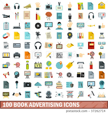 100 book advertising icons set, flat style - Stock Illustration ...