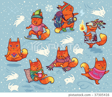 Winter set of foxes characters in cartoon style - Stock Illustration ...