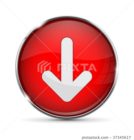 Round red button with DOWN arrow with metal frame - Stock Illustration ...