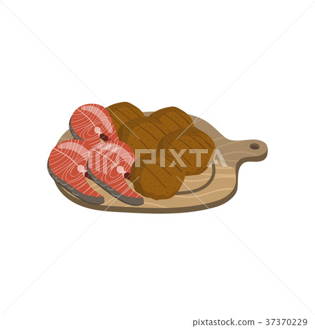 Meat and fish steaks on a wooden board cartoon - Stock Illustration ...