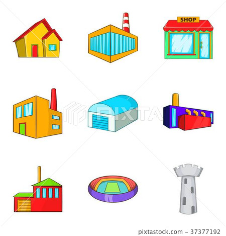Glass building icons set, cartoon style - Stock Illustration [37377192 ...