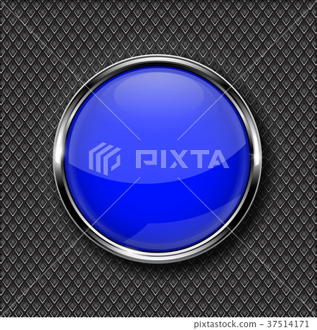 Blue round glass button with chrome frame - Stock Illustration ...