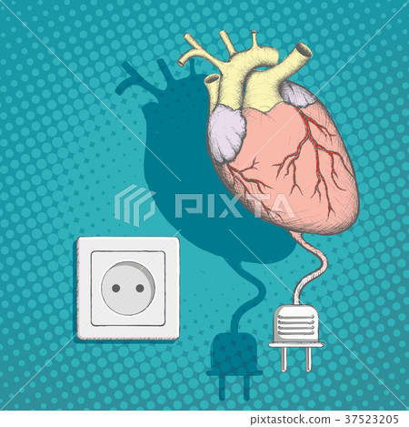 Human heart with an electric plug and socket. - Stock Illustration ...