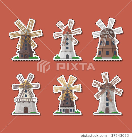 Traditional old windmill buildings labels - Stock Illustration ...