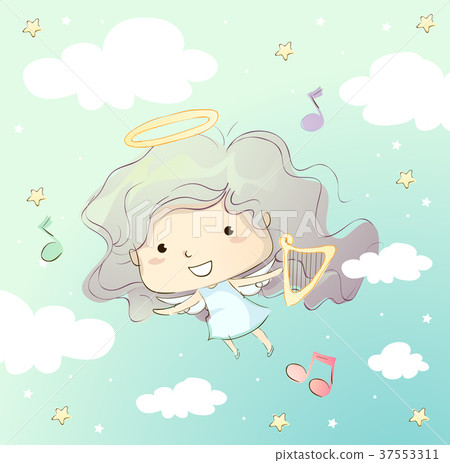 Kid Girl Angel Flying Harp - Stock Illustration [37553311] - PIXTA